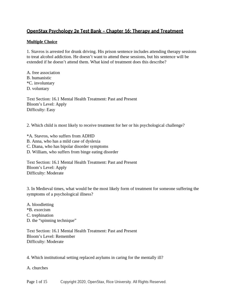 OpenStax Psychology 2e Chapter 16 Test Bank | PDF | Psychotherapy ...