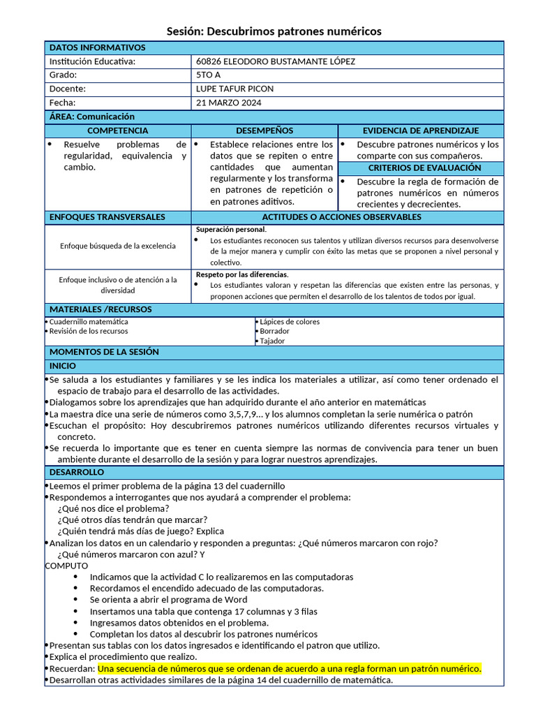 Descubrimos Patrones Numericos | PDF | Aprendizaje | Cognición