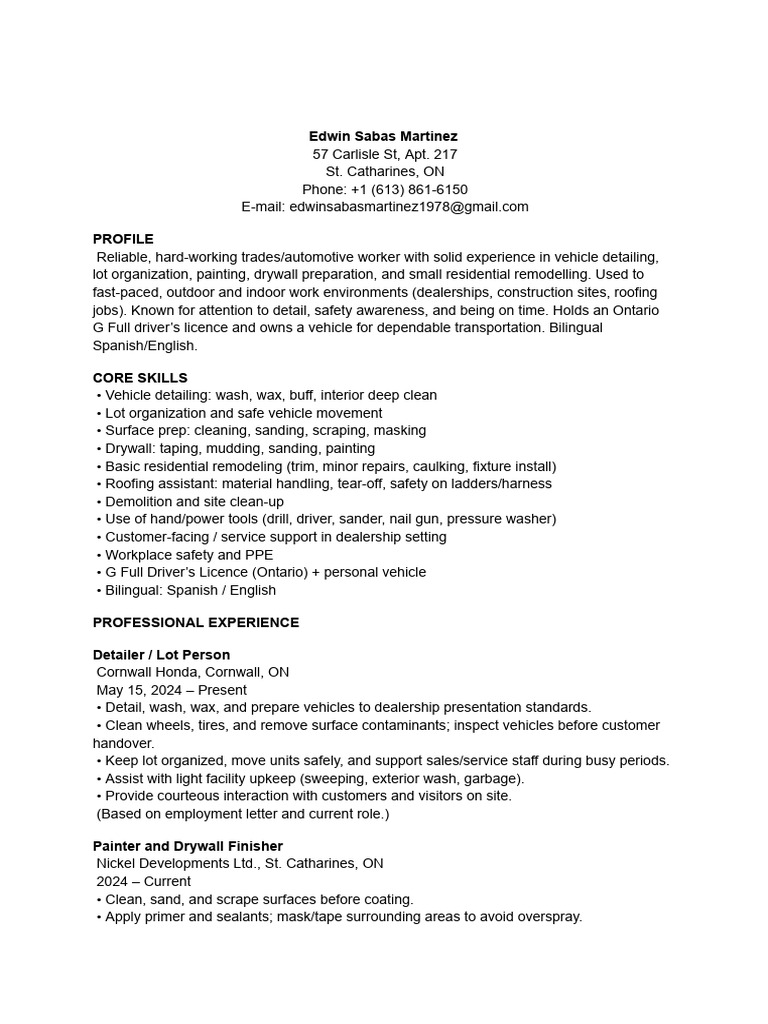 Edwin Resume Actualizado | PDF | Drywall