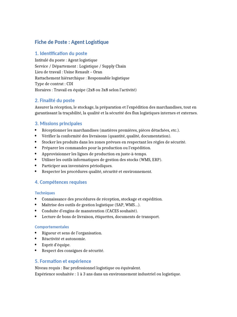 Fiche de Poste : Agent Logistique Renault | PDF