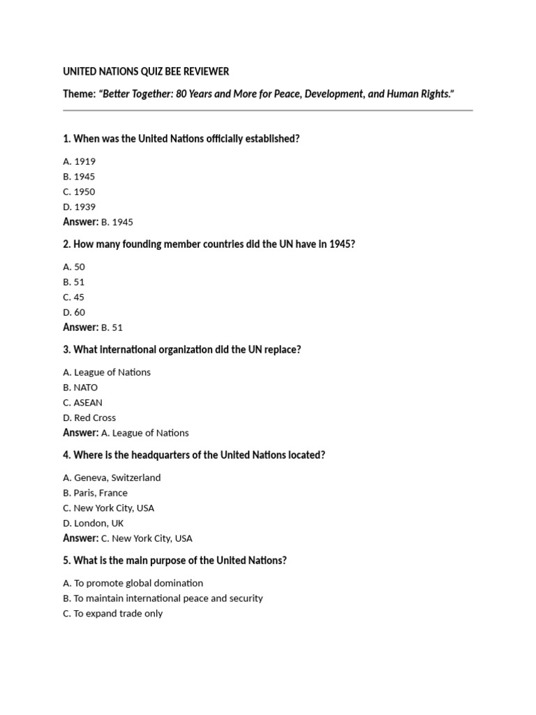 UN Quiz Bee Reviewer 2025 | PDF | United Nations | International Relations