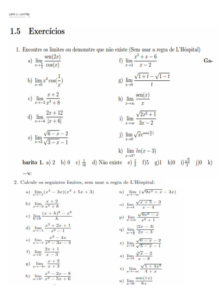 Lista 1 - Limites | PDF