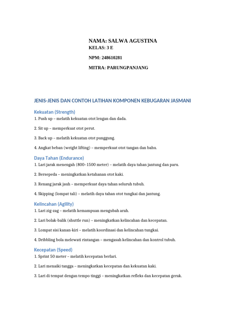 Contoh Latihan Kebugaran Jasmani | PDF