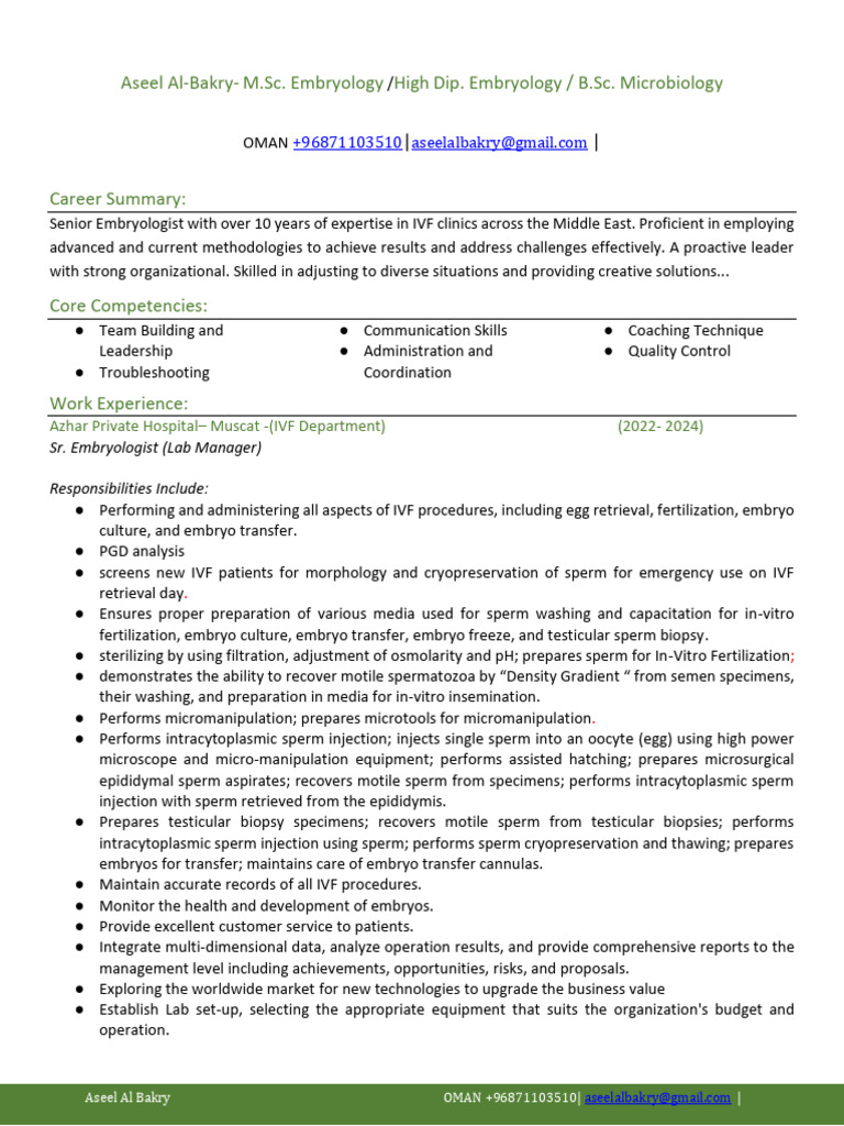 Senior Embryologist Resume - Aseel Al Bakry | PDF | In Vitro ...