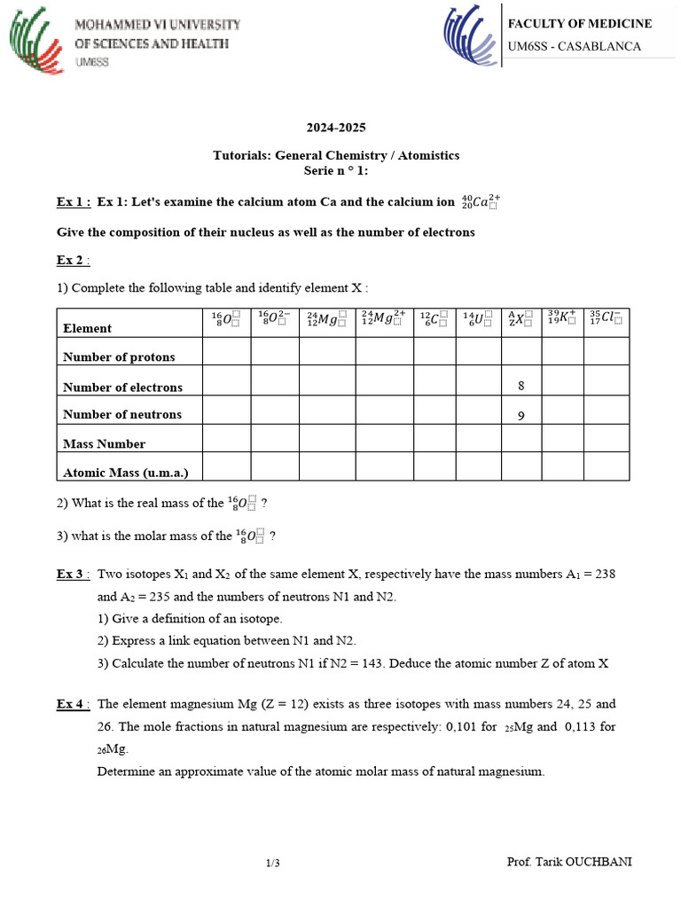Tutorial1-General Chemistry Prof. OUCHBANI EFM 2025 2026 258326 | PDF ...