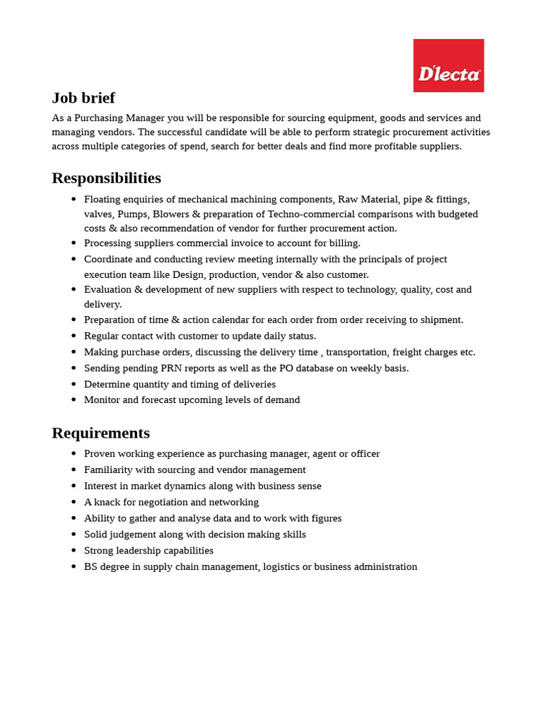 JD - Purchase Manager | PDF