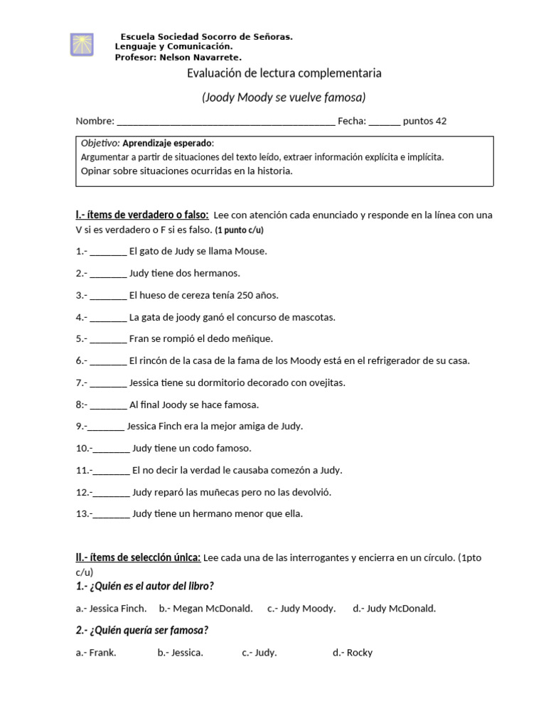 Evaluación de "Judy Moody" para Lenguaje | PDF