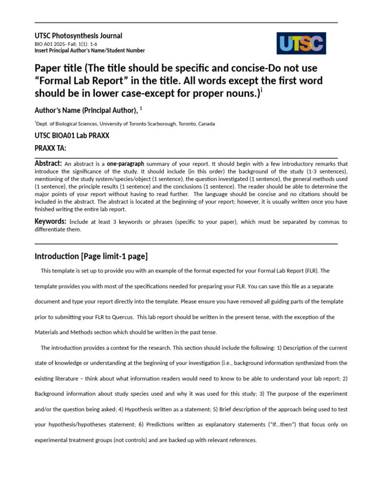 BIOA01 Formal Lab Report Template - Fall 2025-2 | PDF | Hypothesis | P ...