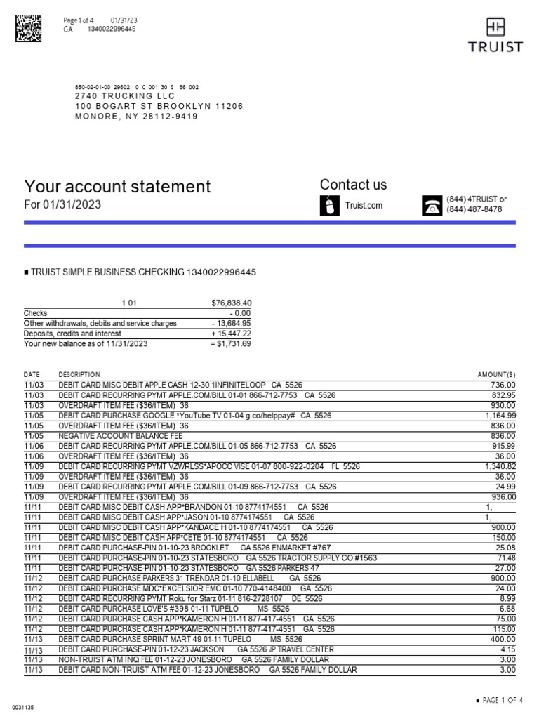 Truist Business Checking Statement | PDF | Credit Card | Overdraft