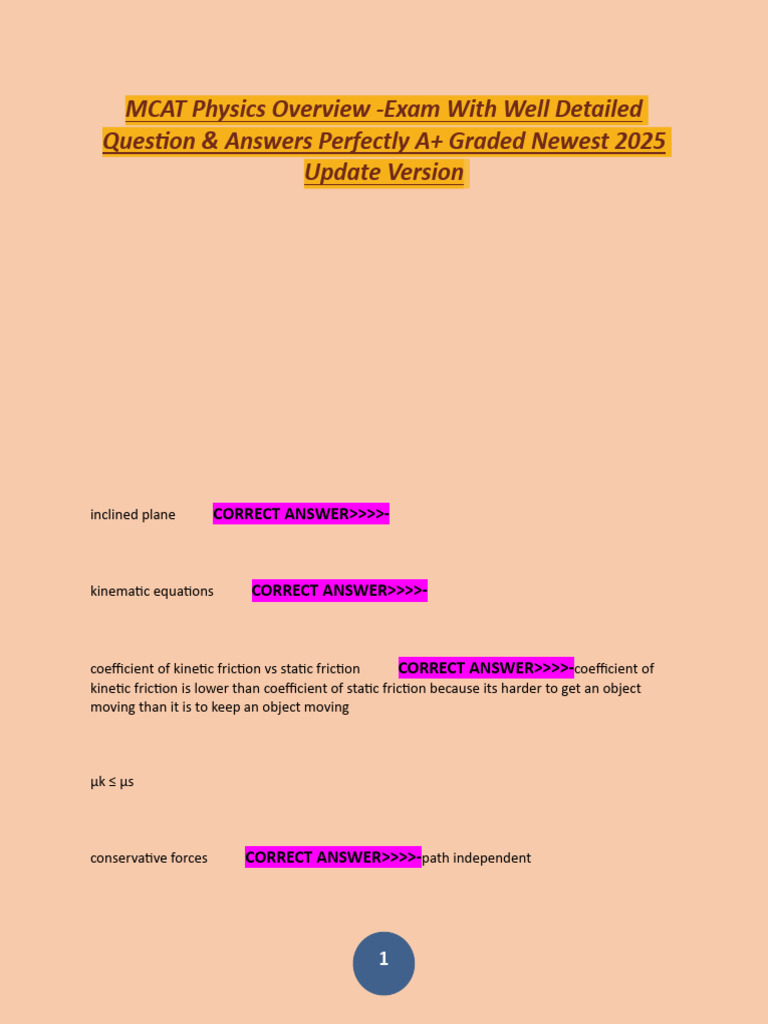 MCAT Physics Overview Exam With Well Detailed Question & Answers | PDF ...