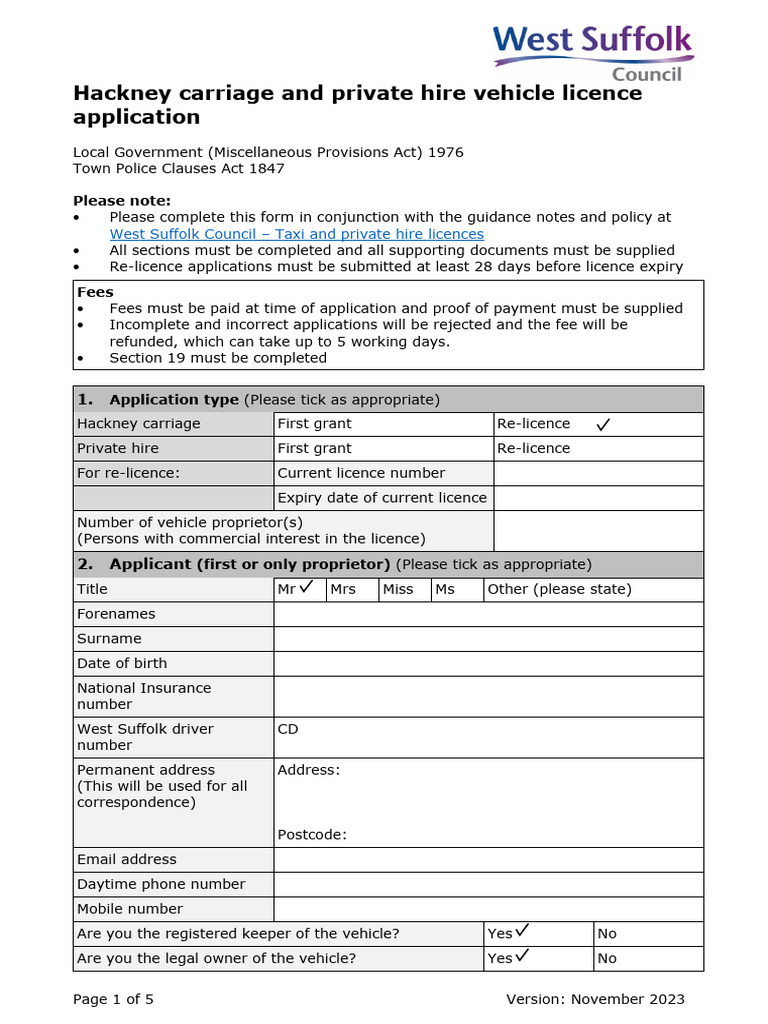 Hackney Carriage Private Hire Vehicle Licence Application Form 2024 25 ...