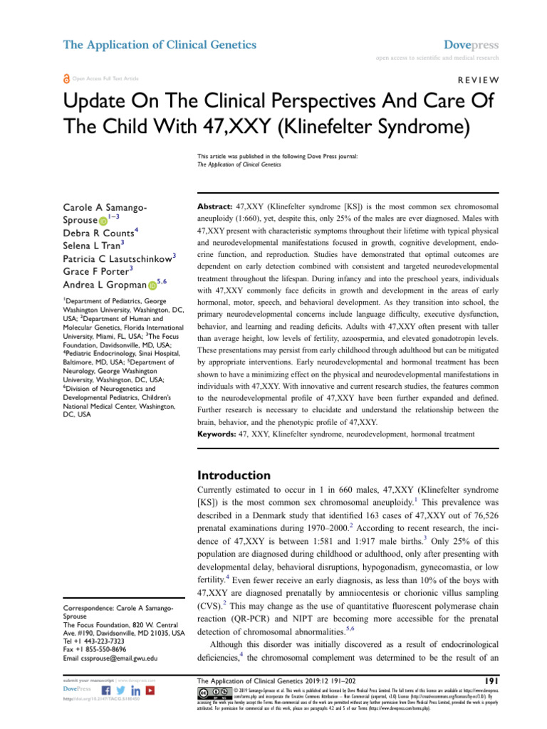 Update On The Clinical Perspectives and Care of The Child With 47, XXY ...
