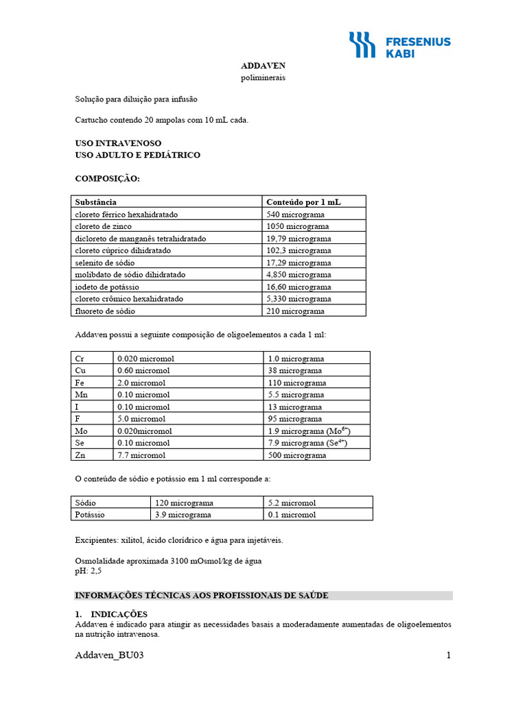 Addaven: Solução de Oligoelementos IV | PDF | Gravidez | Micronutriente