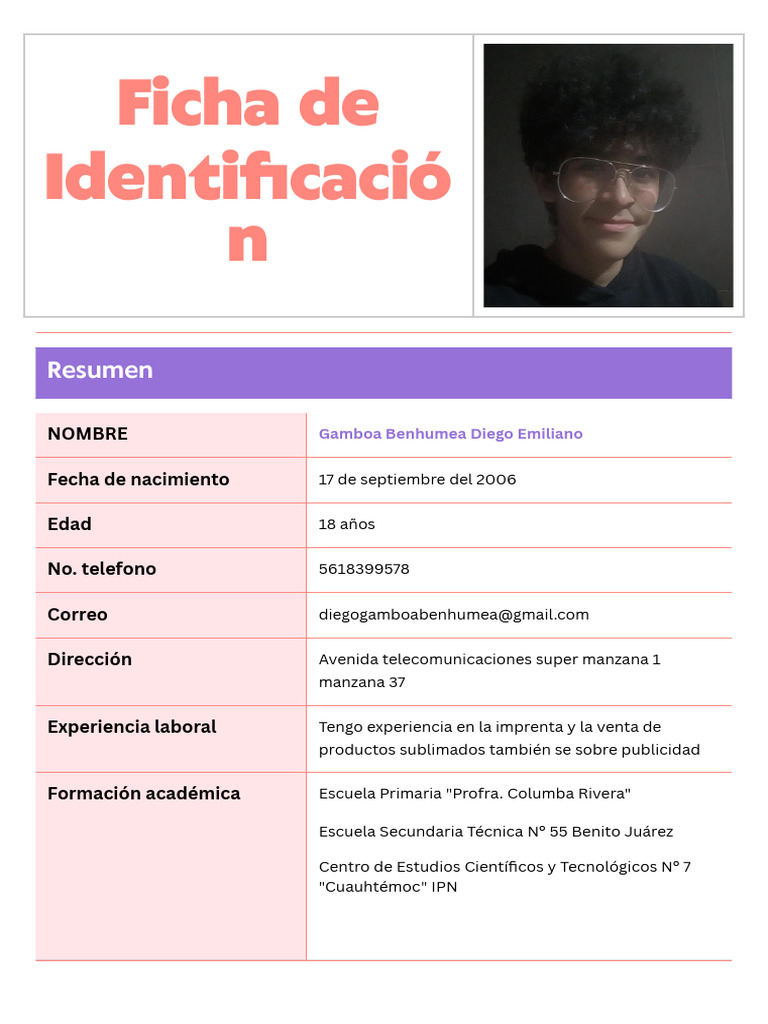 Ficha de Identificación de Diego Gamboa | PDF