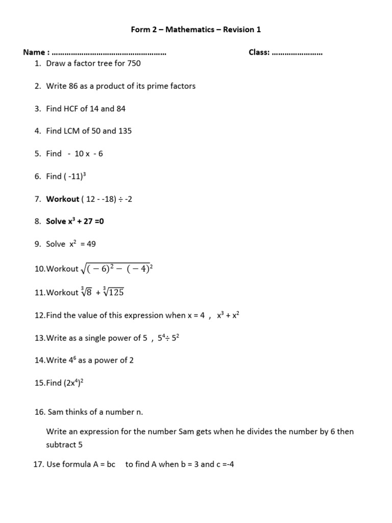 Mathematics Revision Exercises for Form 2 | PDF