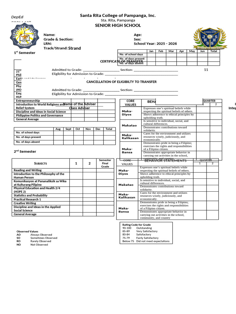 Shs Form 138 Class Card (Final) | PDF