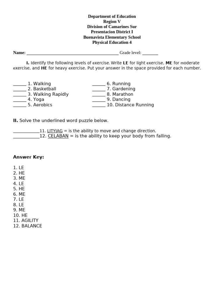 Physical Education Exercise Levels Guide | PDF