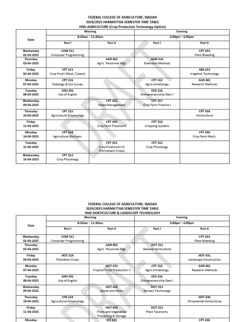 2024_2025 Harmattan Exam tome table- | PDF | Agriculture | Physics