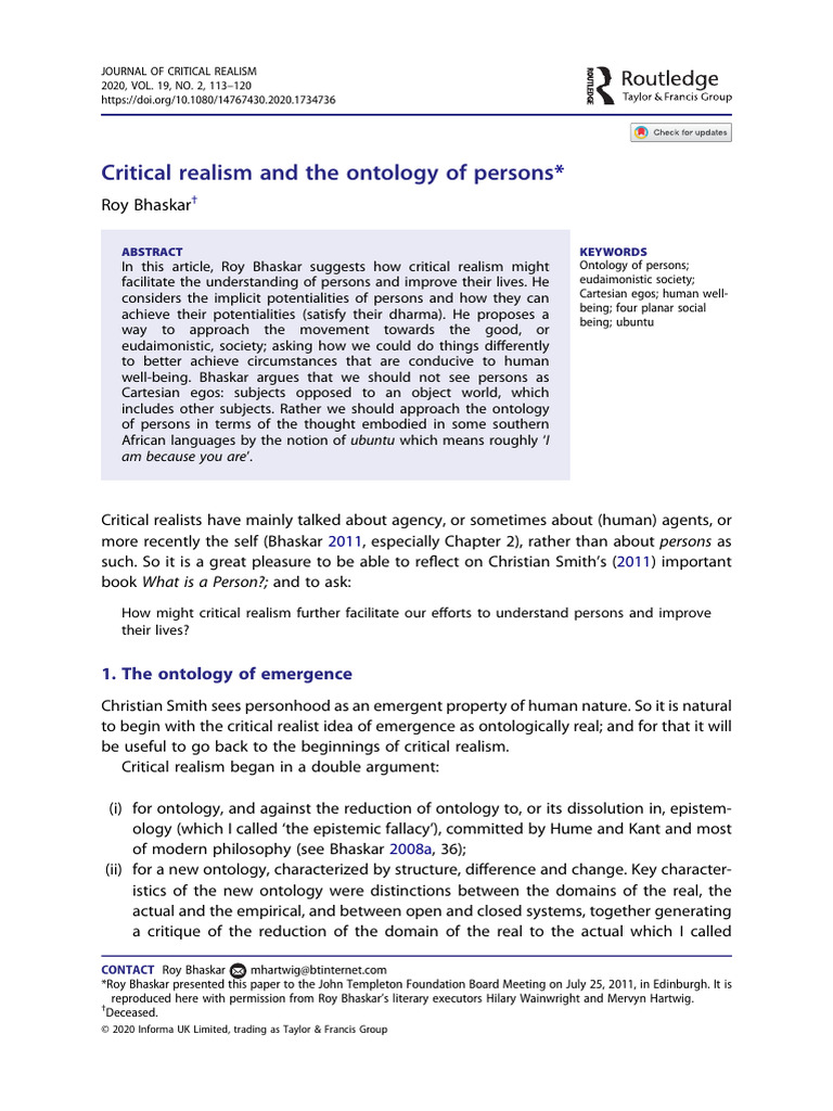 (Bhaskar, 2020) - Critical Realism and The Ontology of Persons. | PDF ...