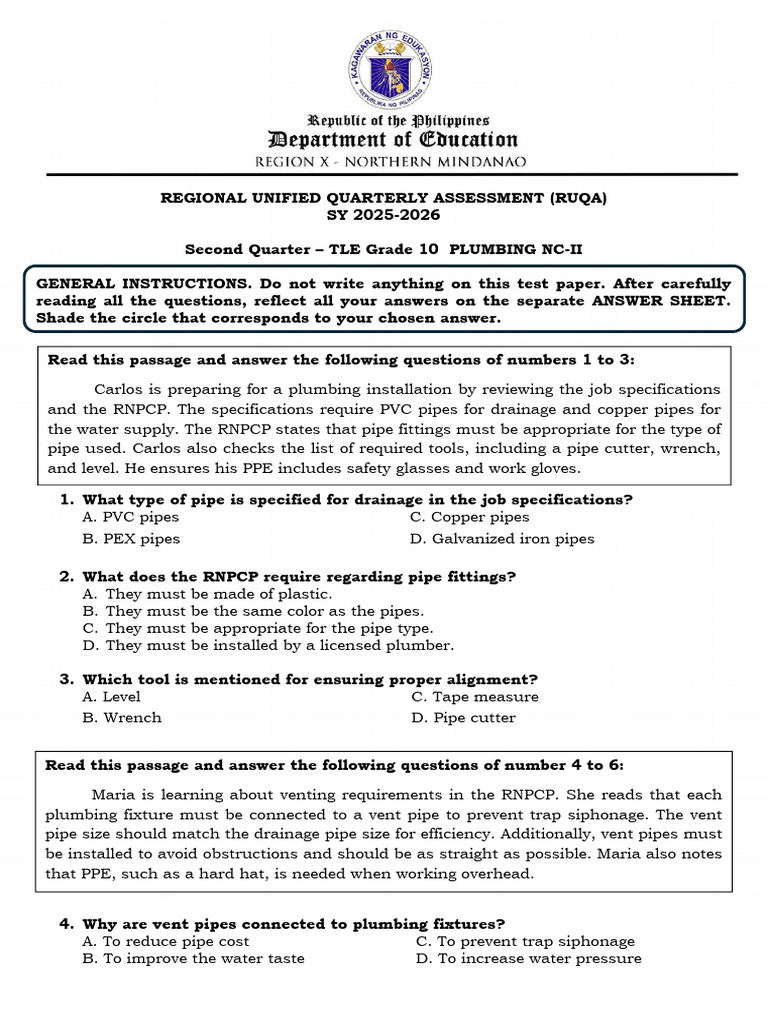 RUQA TLE Grade 10 Plumbing Assessment | PDF | Plumbing | Pipe (Fluid ...