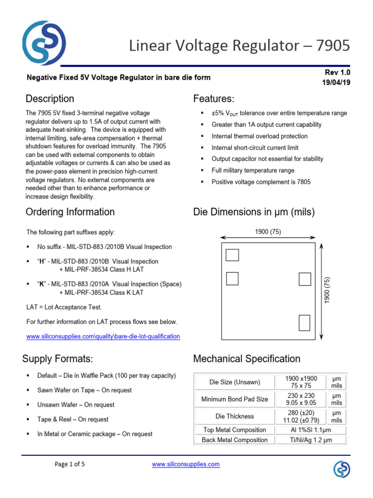7905 Negative Voltage Regulator Die | PDF | Power Supply | Electrical ...