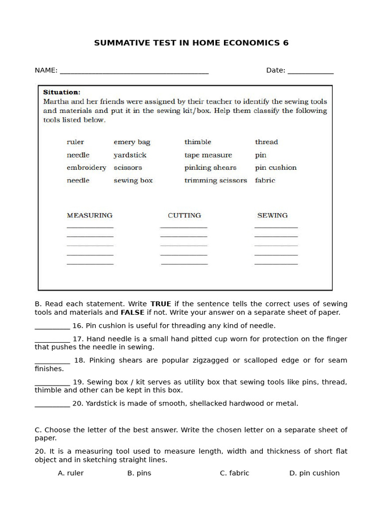 Home Economics 6 Sewing Tools Test | PDF | Sewing | Clothing