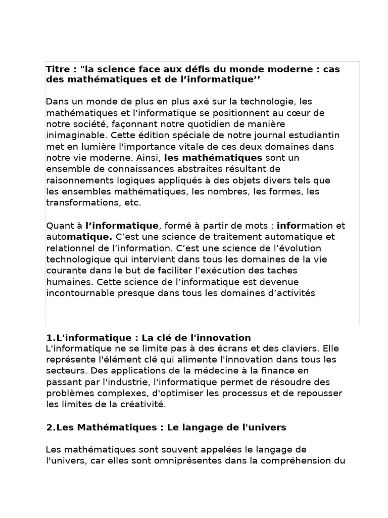 Mathématiques et Informatique : Clés du Futur | PDF | Mathématiques ...