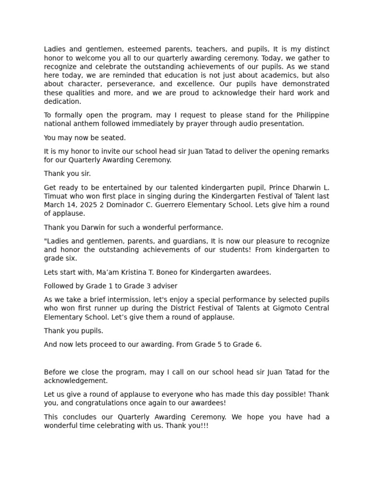 Quarterly Awarding Script | PDF