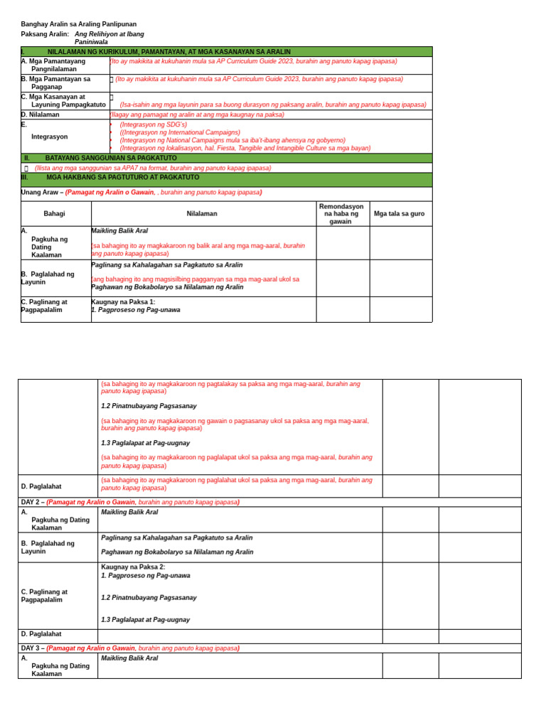 LessonExemplar Template Filipino | PDF