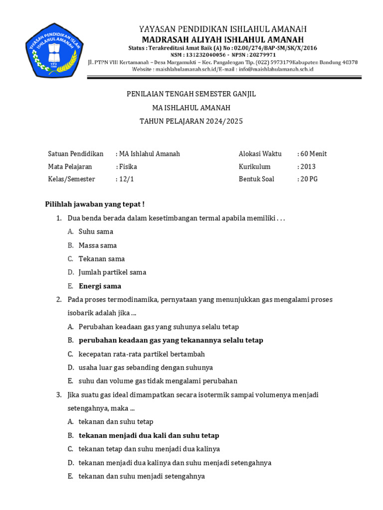 Soal PTS Fisika Kelas 12 2024 | PDF