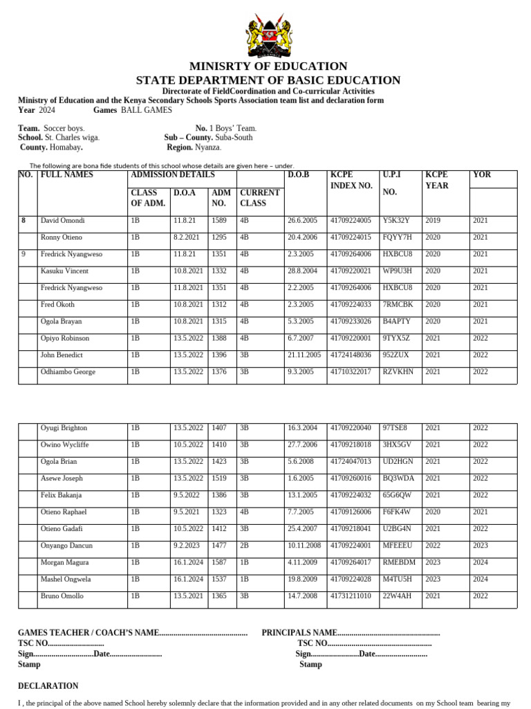Games Declaration Form Boys | PDF