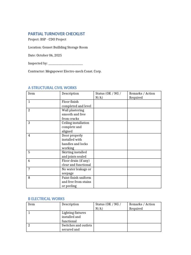 BSP CDO Project Turnover Checklist | PDF | Building Engineering