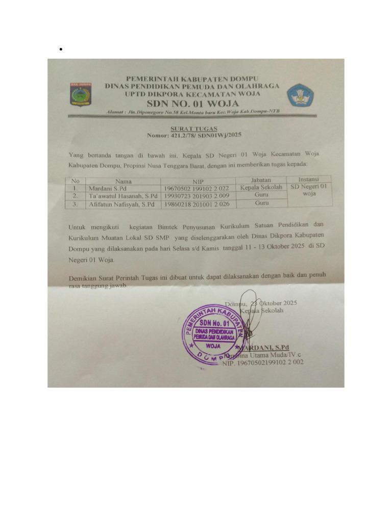 Surat Tugas Bimtek Ksp&Mulok SDN 01 Woja | PDF