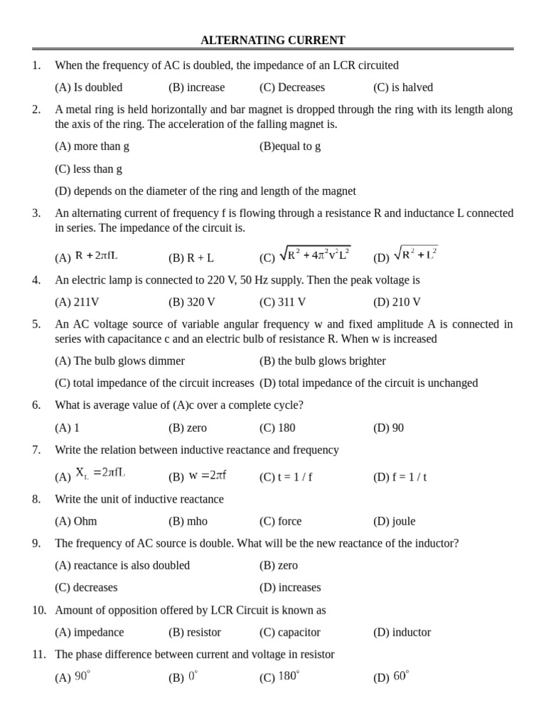 Chapter 7 - Alternating Current Imp Questions | PDF | Inductor | Electrical Impedance