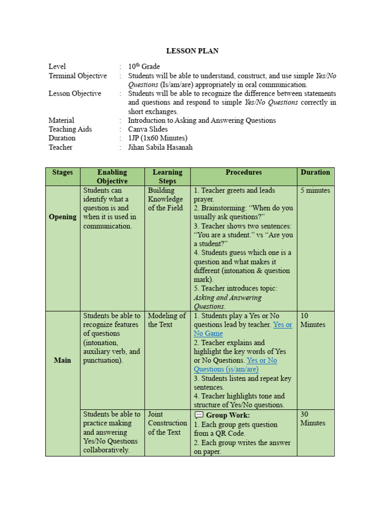 10th Grade Yes/No Questions Lesson Plan | PDF | Question | Cognition