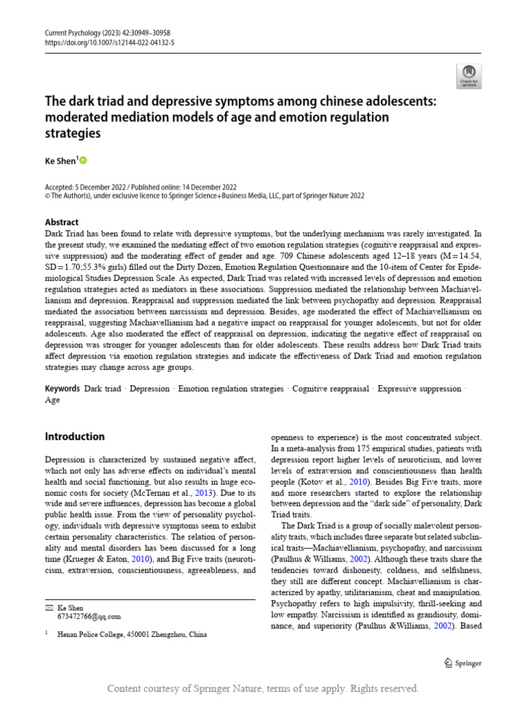 Dark Triad Traits and Adolescent Depression | PDF | Dark Triad ...