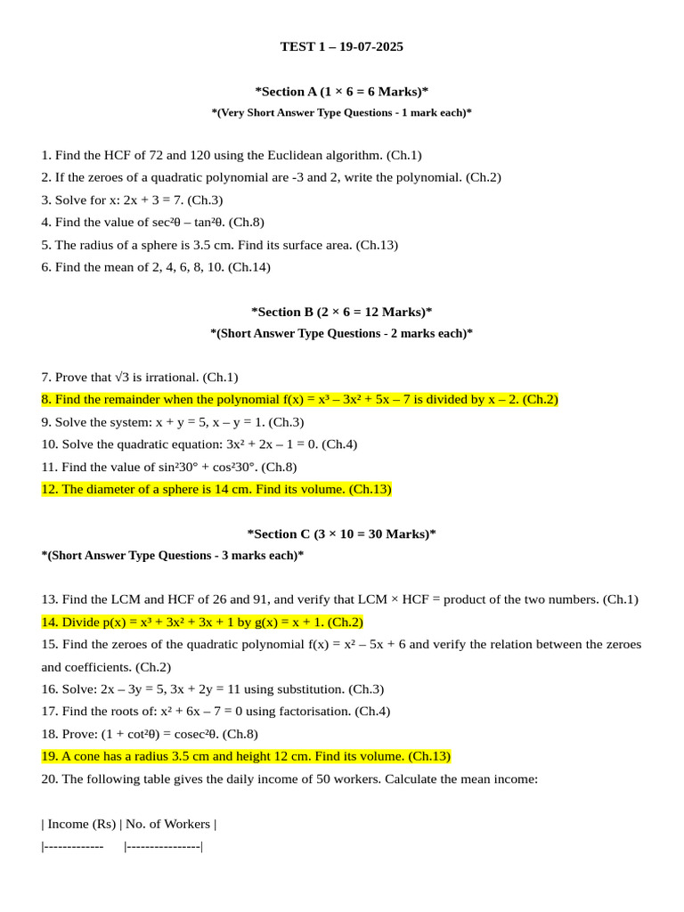 Math Test Questions and Solutions | PDF | Sphere | Polynomial