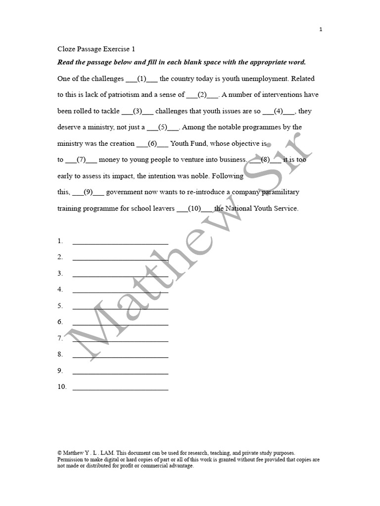 Cloze Passage Exercise 1 | PDF