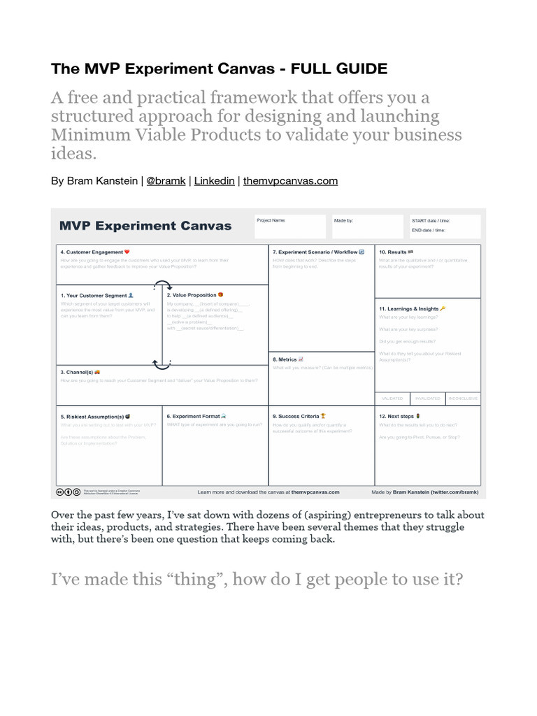 FULL GUIDE - MVP Experiment Canvas - by Bram Kanstein | PDF | Lean Startup | Performance Indicator
