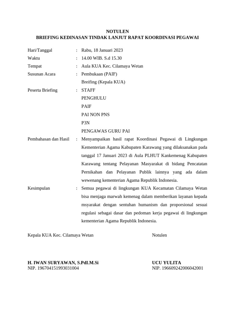 Notulen Briefing KUA Cilamaya Wetan | PDF