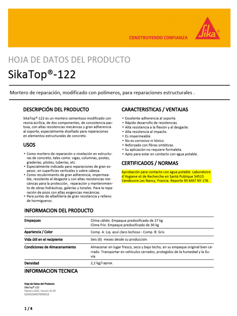 Sikatop - 122 | PDF | Hormigón | Mortero (Albañilería)
