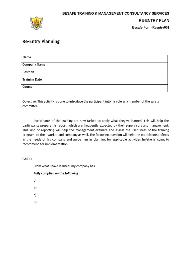 Besafe Re-Entry Training Plan Template | PDF | Safety