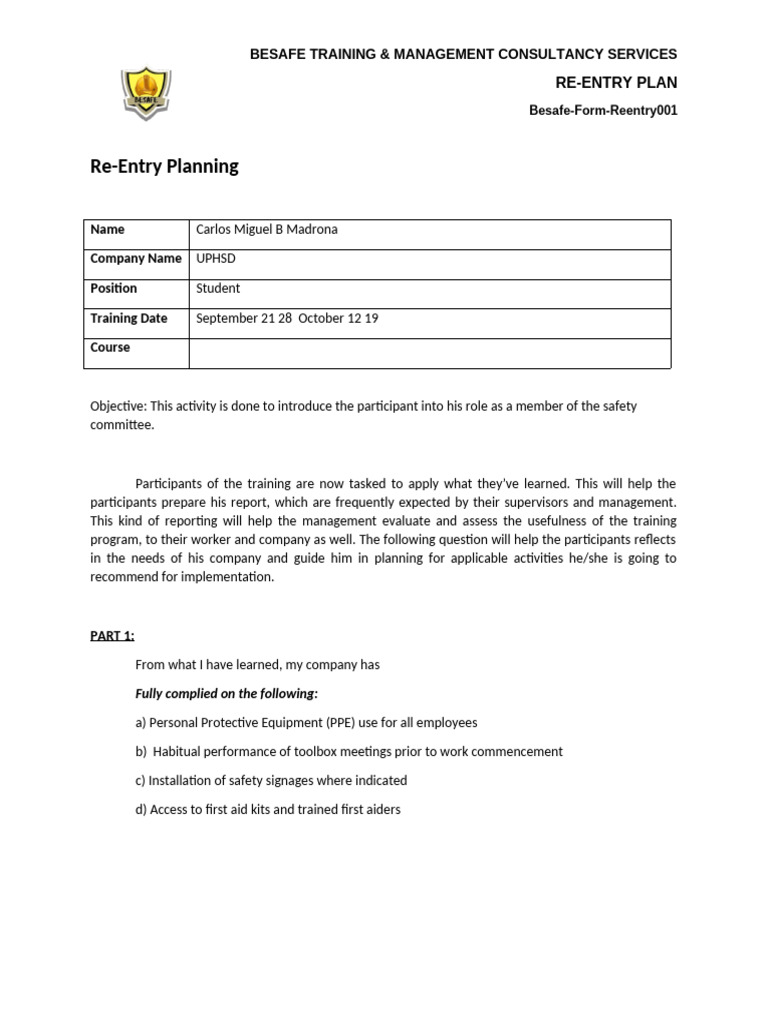 UPHSD-MadronaCarlosMiguel, Banal RE ENTRY PLAN | PDF | Emergency ...