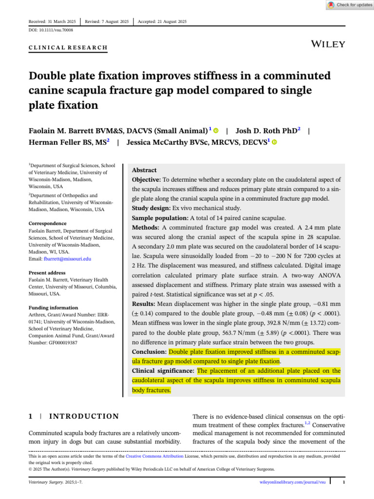 Double Plate Fixation Improves Stiffness in A Comminuted Canine Scapula ...
