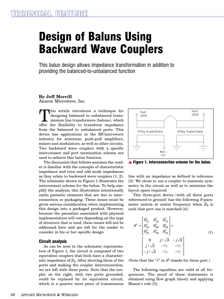 Design of Baluns Using Backward Wave Couplers: Impedance Transformation ...