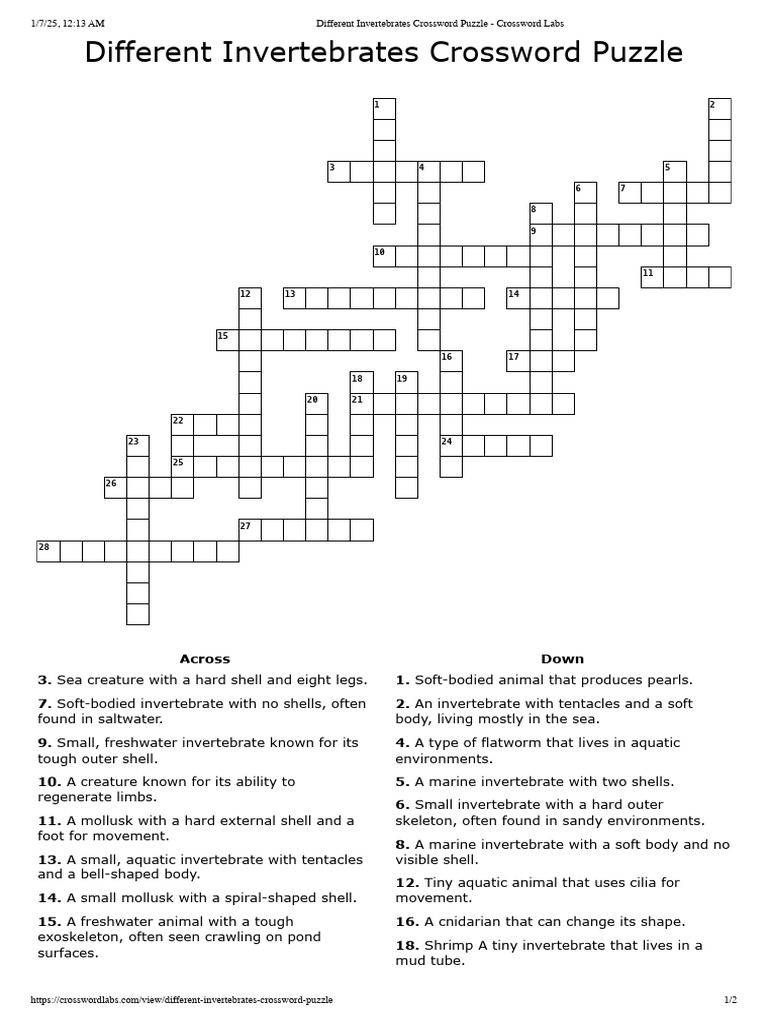 Different Invertebrates Crossword Puzzle - Crossword Labs | PDF ...