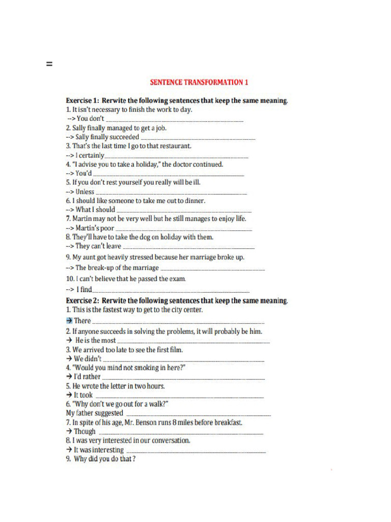 Sentence Rewriting Exercises for ESL | PDF