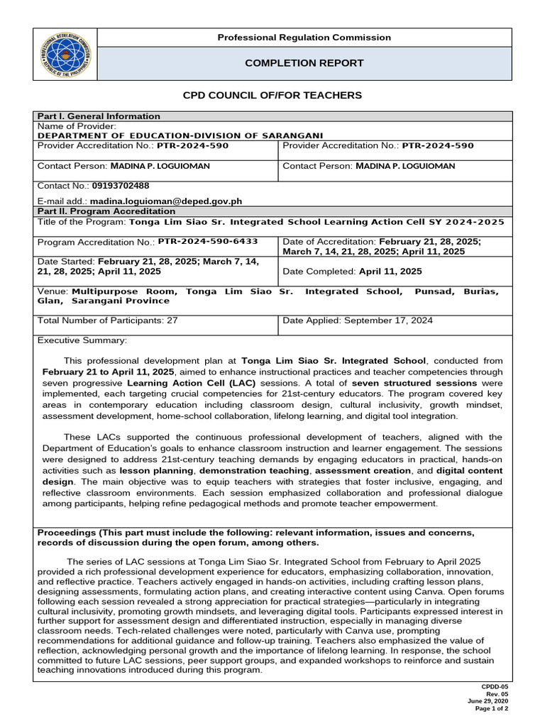 Completion Report Slac 2024 2025 Tlssis | PDF | Differentiated ...