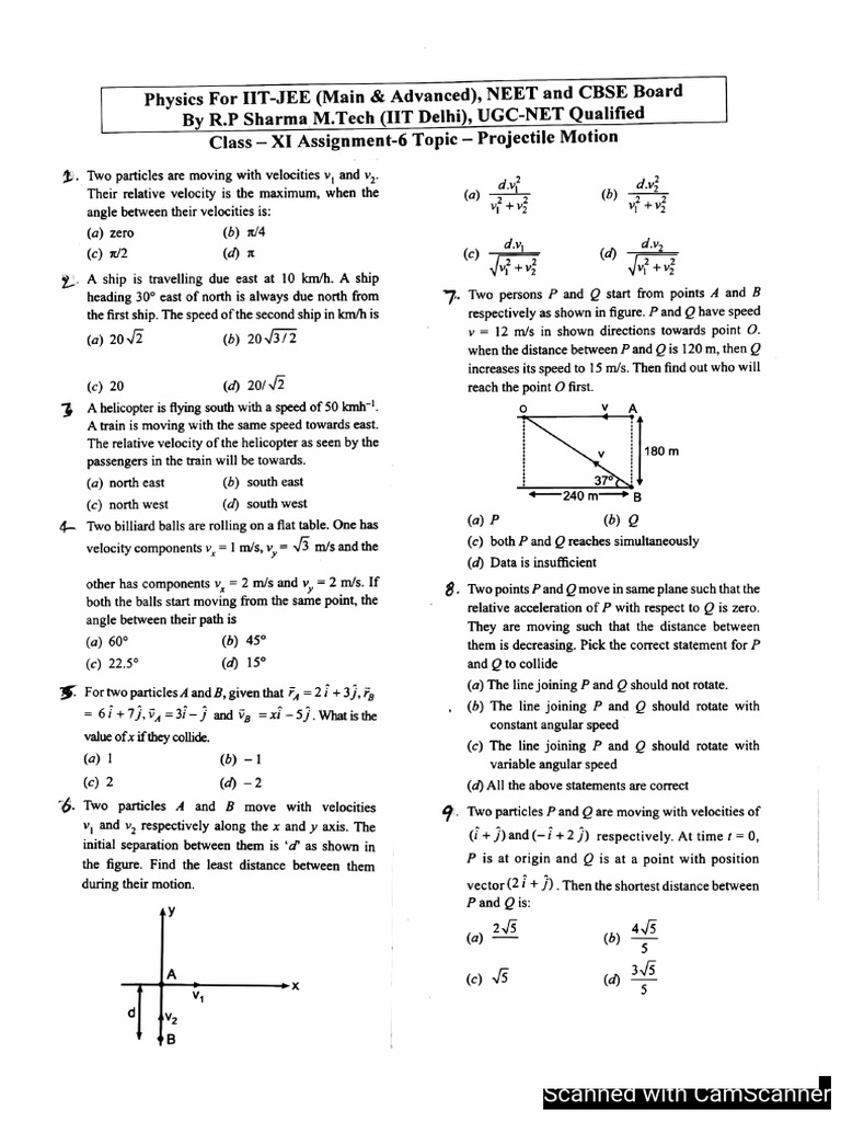 Class Xi Assignment 6 Projectile Motion Pdf