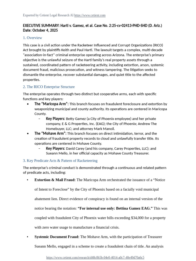 Executive Summary Hartl RICO Case | PDF | Racketeer Influenced And ...